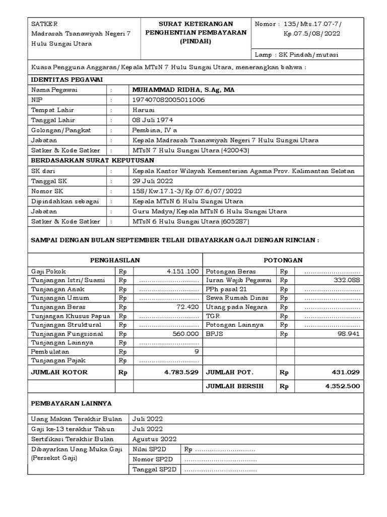 Surat Penghentian Pembayaran MTsN 7 HSU | PDF