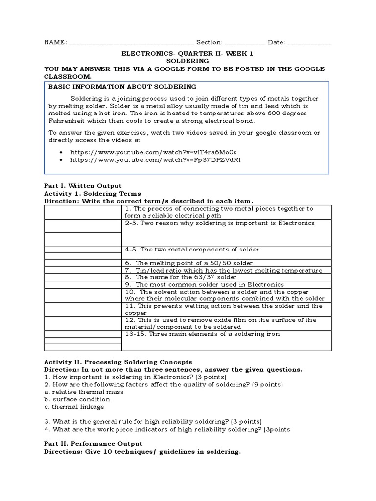 Electronics - Q2 - Week1 - Answer Sheet | PDF | Soldering | Solder