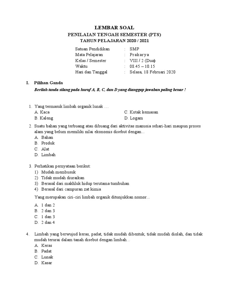 Soal Prakarya Kelas 8 Pts 2020 | PDF