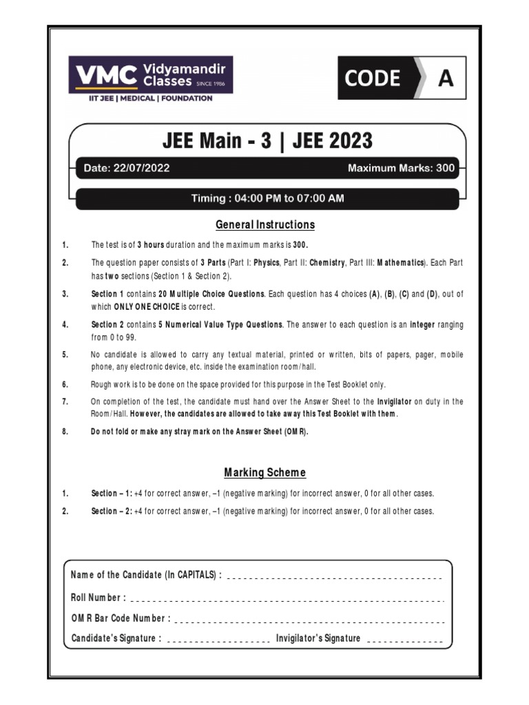 JEE Main 2023 Exam Instructions and Format | PDF | Capacitor | Chemical ...