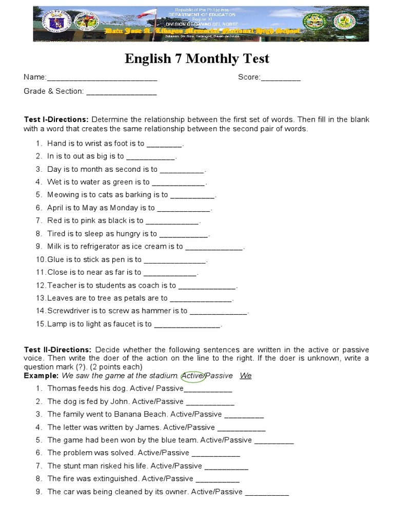 English 7 Monthly Test | PDF | Career & Growth | Language Arts & Discipline