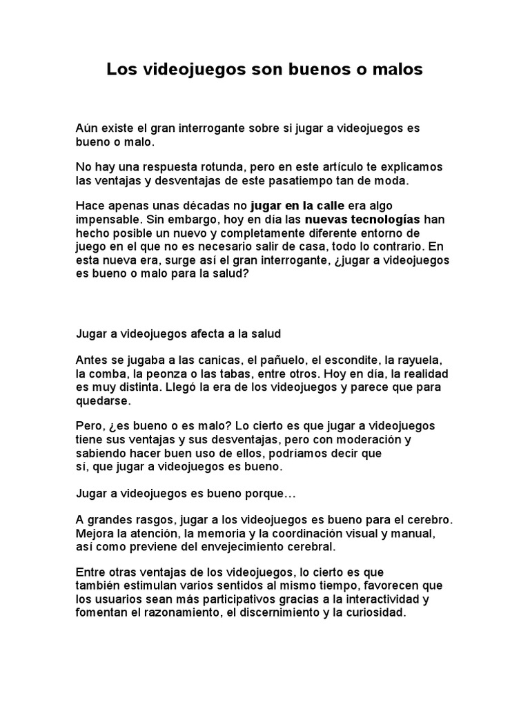 Los Videojuegos Son Buenos o Malos | PDF | Videojuegos | Cognición