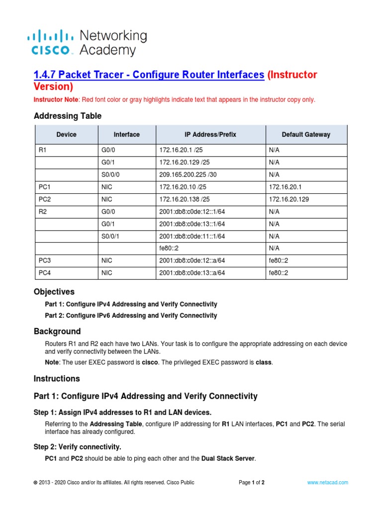 1.4.7 Packet Tracer - Configure Router Interfaces | PDF | I Pv6 | Ip Address