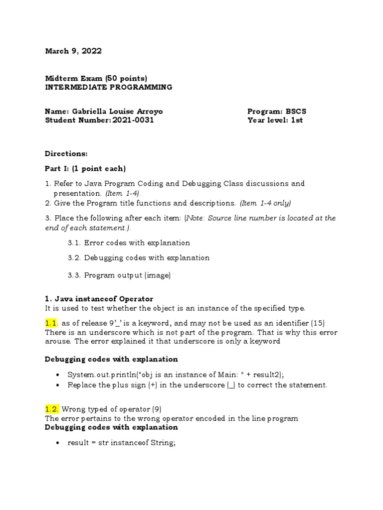 Intermediate Programming Midterm Exam Pdf Integer Computer Science Variable Computer