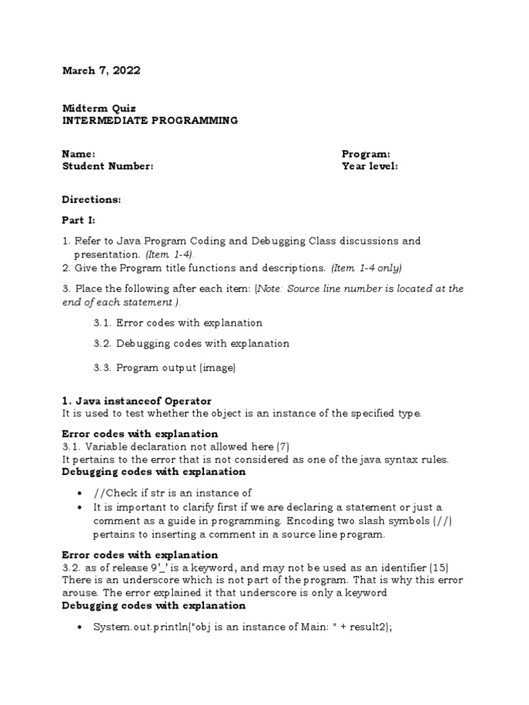 Intermediate Programming Midterm Quiz Pdf Data Type Integer Computer Science