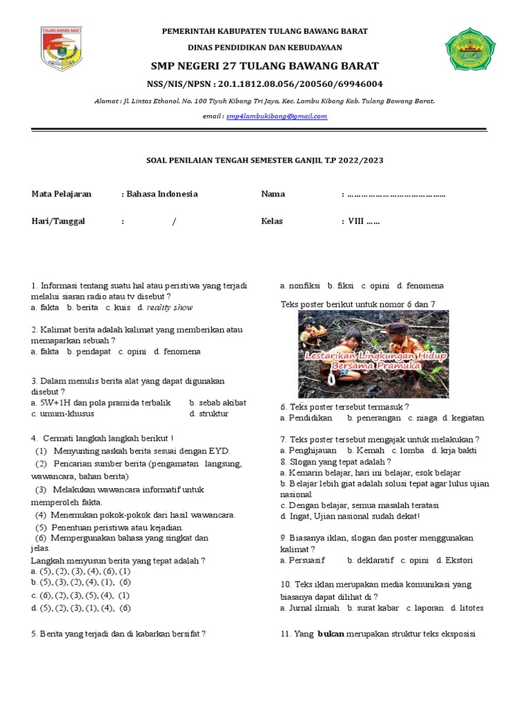 Soal PTS SMT 1 KLS 8 Bindo | PDF