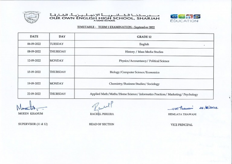 Grade12-Term1 Exam Timetable September 2022 | PDF