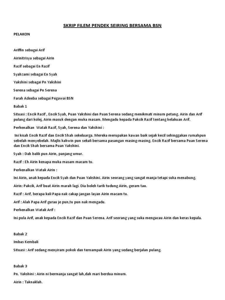 Skrip Filem Pendek Seiring Bersama BSN Baru | PDF