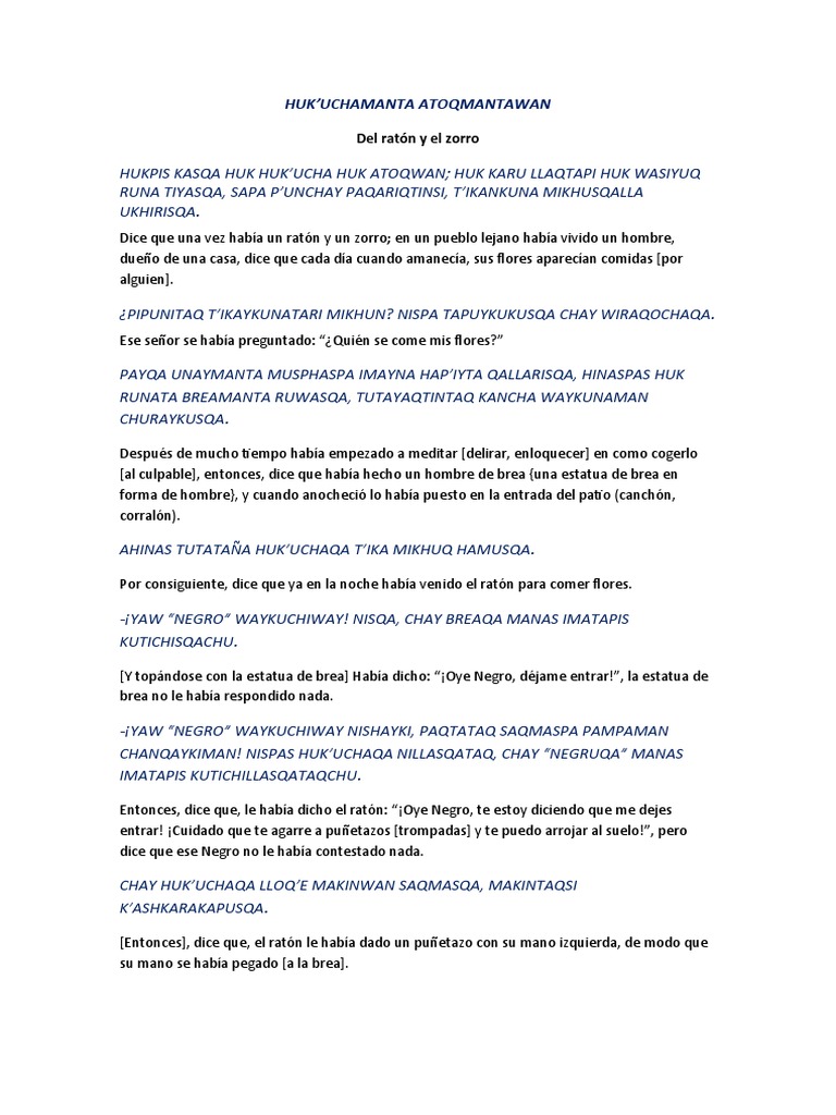 Cuento Quechua: El Zorro y el Ratón | PDF | Arte