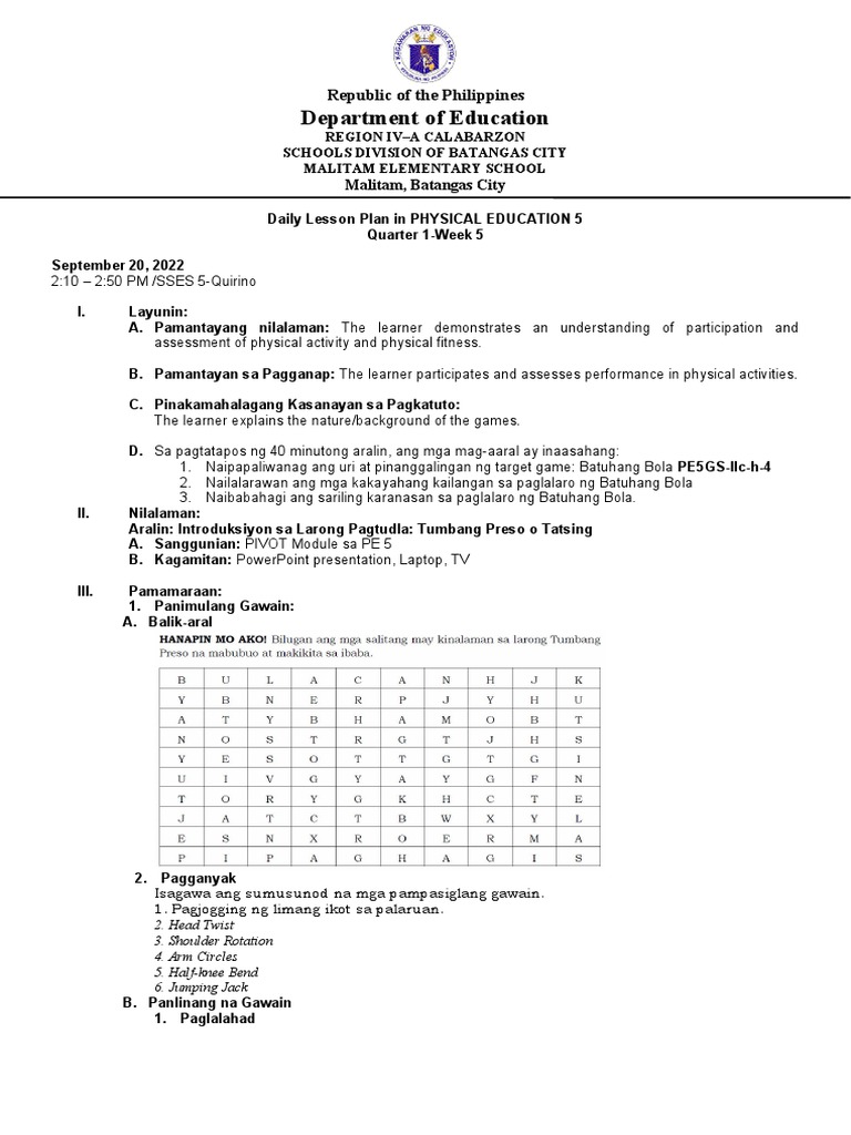 DLP Pe 5 q1 Week 5 | PDF