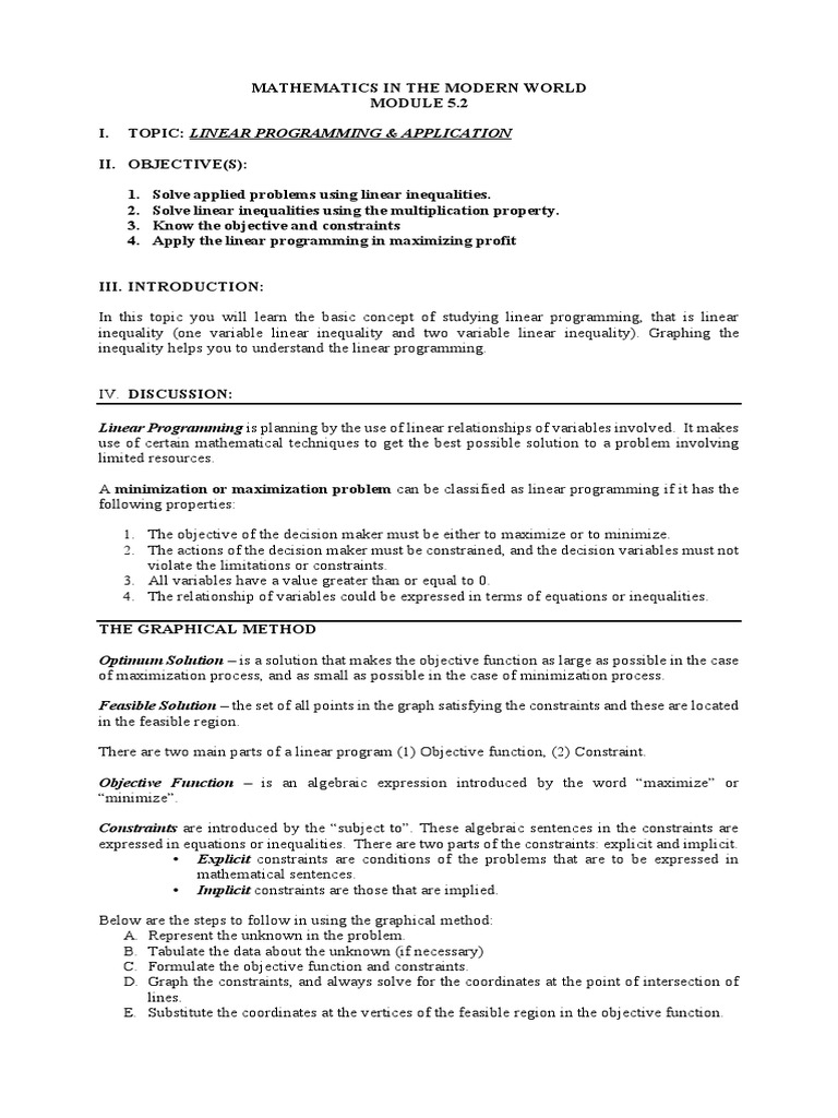 MMW Module 5.2 - Linear Programming & APPLICATIONS | PDF | Linear Programming | Mathematical ...