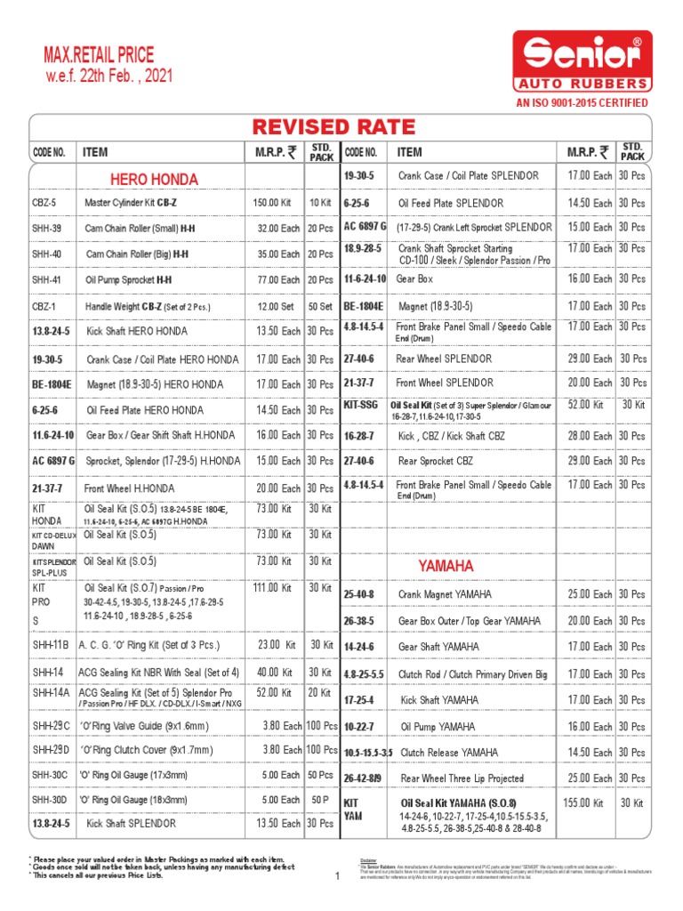 Senior 2 WH Lists REVISED RATE 22-2-2021 | PDF | Clutch | Gear