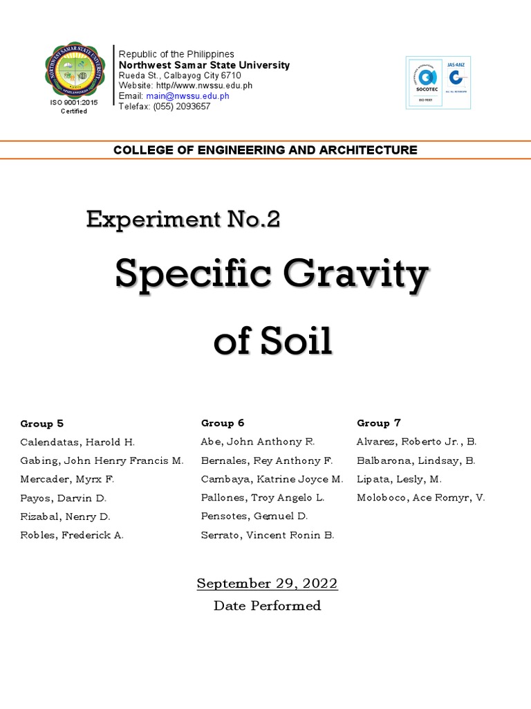 Laboratory Experiment No. 2 (Specific Gravity of Soil) | PDF | Quantity | Metrology