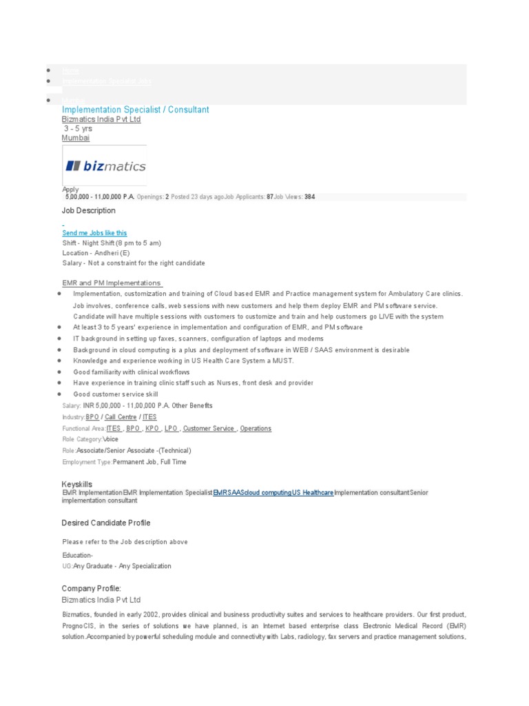Bizmatics-Job Opening | PDF | Electronic Health Record | Outsourcing