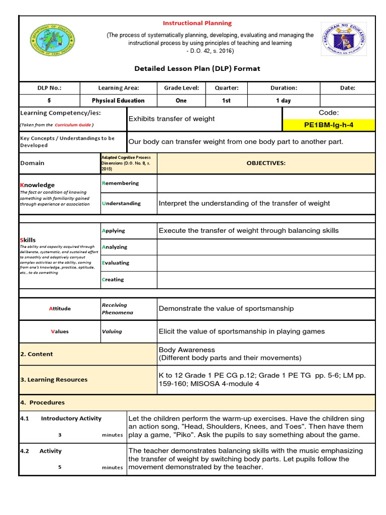 Detailed Lesson Plan (DLP) Format: PE1BM-lg-h-4 | PDF | Learning | Teachers