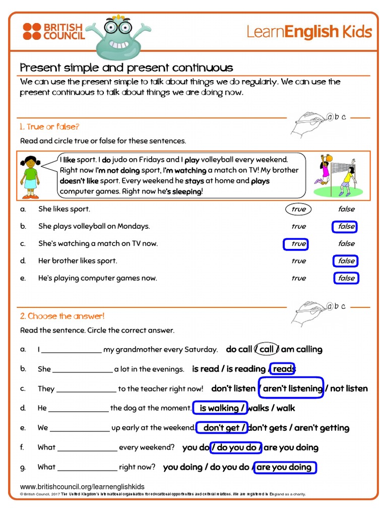 Grammar Practice Present Simple and Present Continuous Worksheet | PDF | Syntax | Grammar