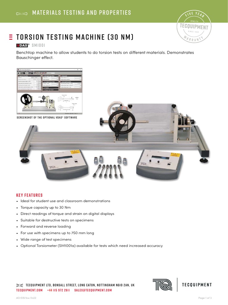 SM1001 Torsion Testing Datasheet | PDF | Strength Of Materials | Yield ...