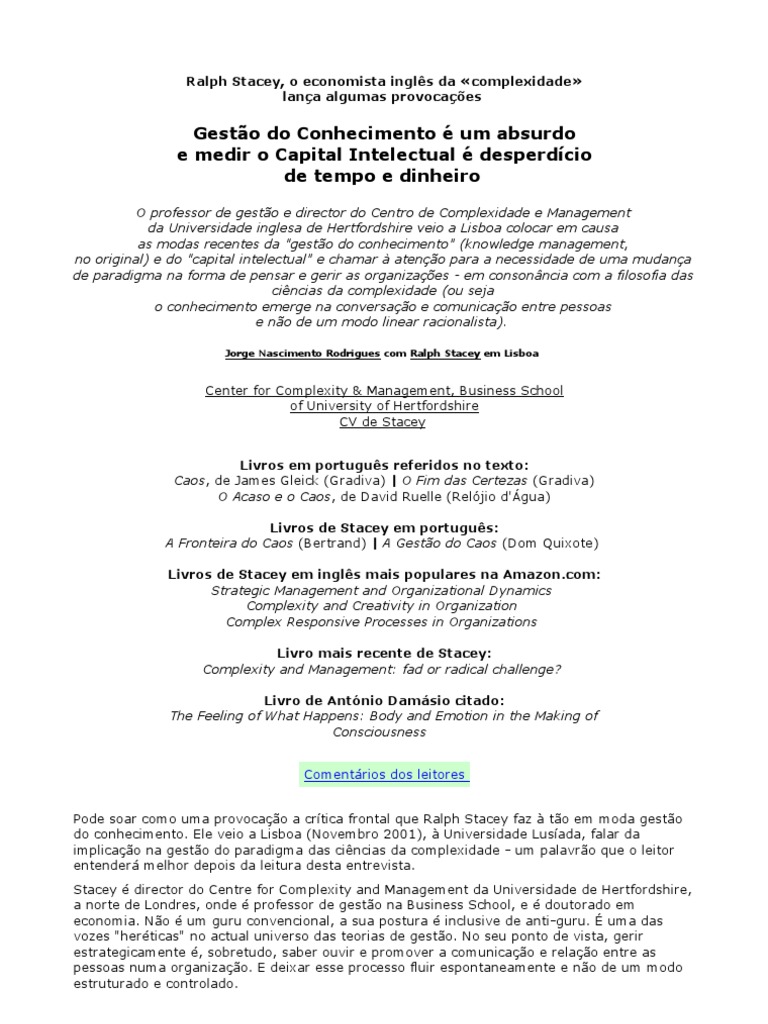Ralph Stacey e GestaoDoConhecimento | PDF | Sociologia | Tomada de decisões