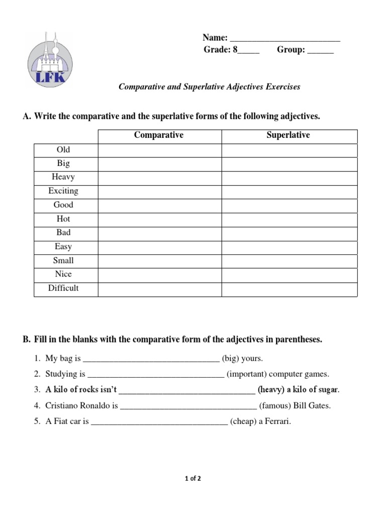 Comparative and Superlative Adjectives - Exercises Sheet | PDF