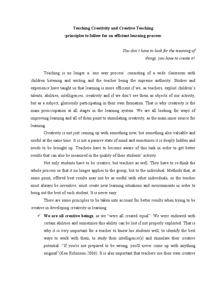 Teaching Creativity and Creative Teaching - Principles To Follow For An ...