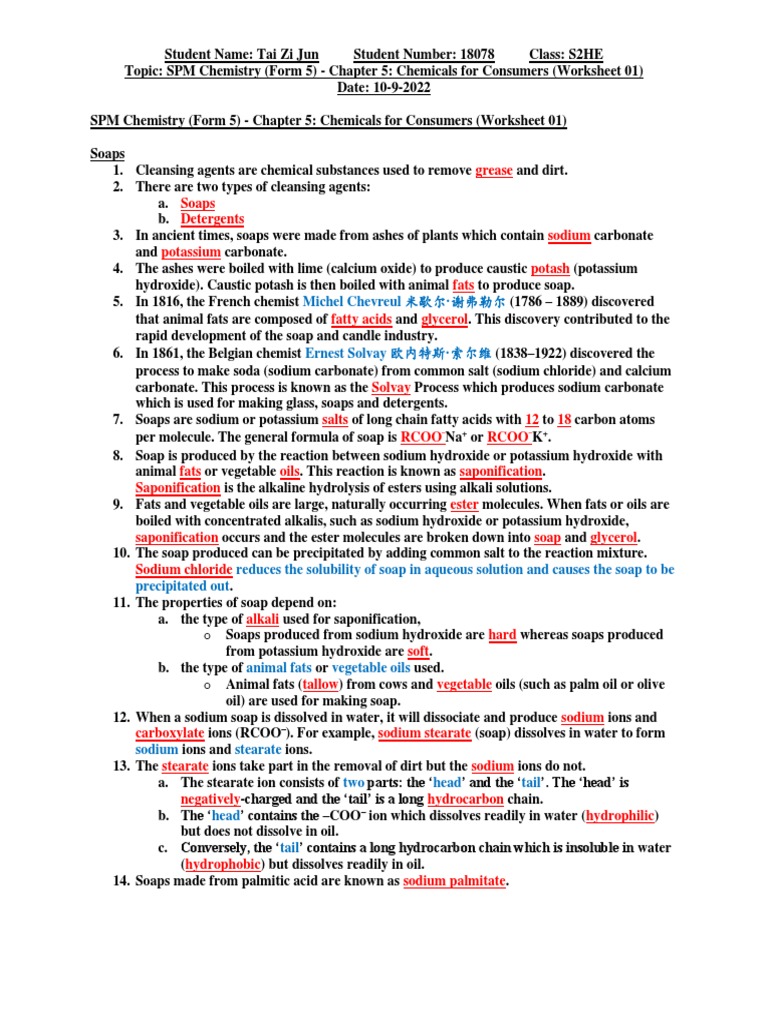 SPM Chemistry (Form 5) - Chapter 5 - Chemicals For Consumers (Worksheet 01) | PDF | Soap ...