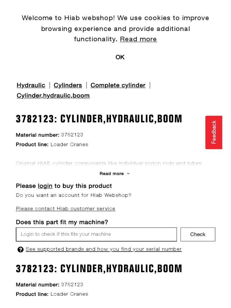 CYLINDER, HYDRAULIC, BOOM 3782123 - Complete Cylinder - Hiab Parts ...