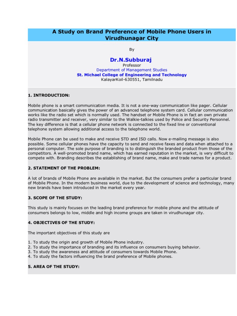 A Study On Brand Preference of Mobile Phone Users in | PDF | Telephone ...