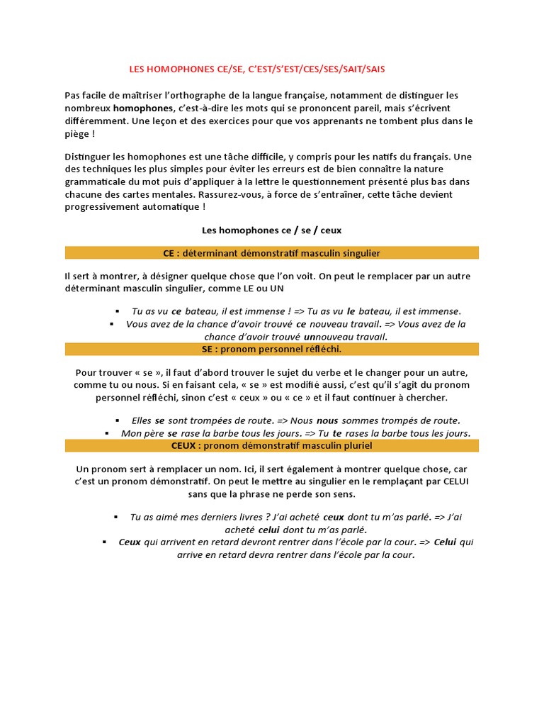 Homophones en français : leçons et exercices | PDF | Nombre grammatical ...
