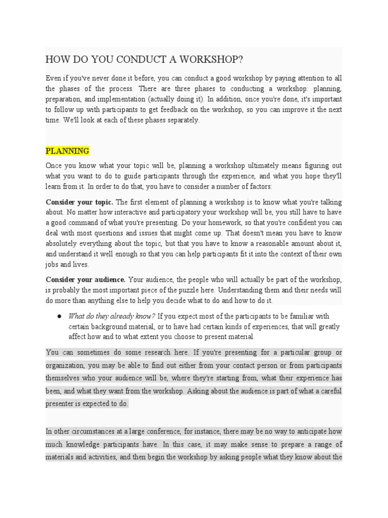 VII. How To Conduct A Workshop | PDF | Learning | Experience