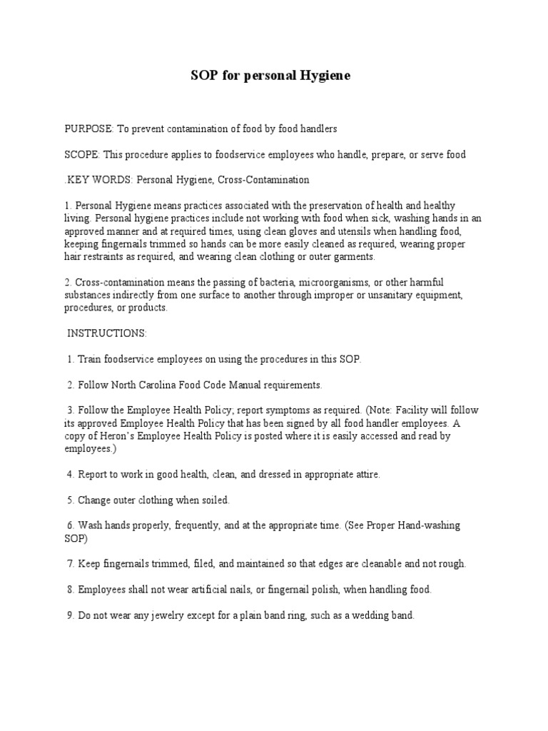 SOP For Personal Hygiene | PDF | Hygiene | Clothing