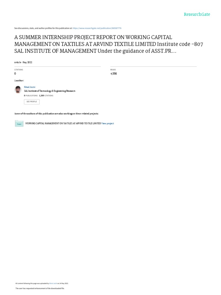 Analysis of a Summer Internship Project Report on Working Capital Management in the Textiles ...