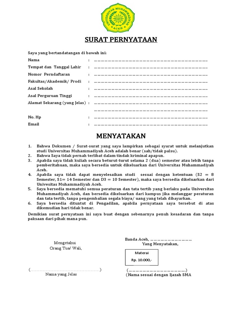 Form Surat Pernyataan Mematuhi Aturan Di Unmuha | PDF
