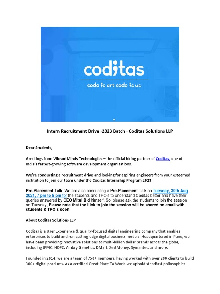 Coditas INTERN Recruitment - 2023 Batch | PDF | Business