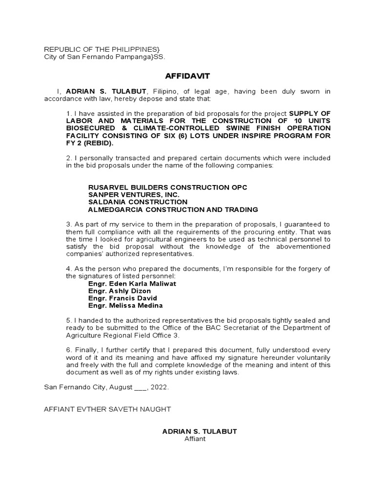 Affidavit From The BidDocs Preparer | PDF
