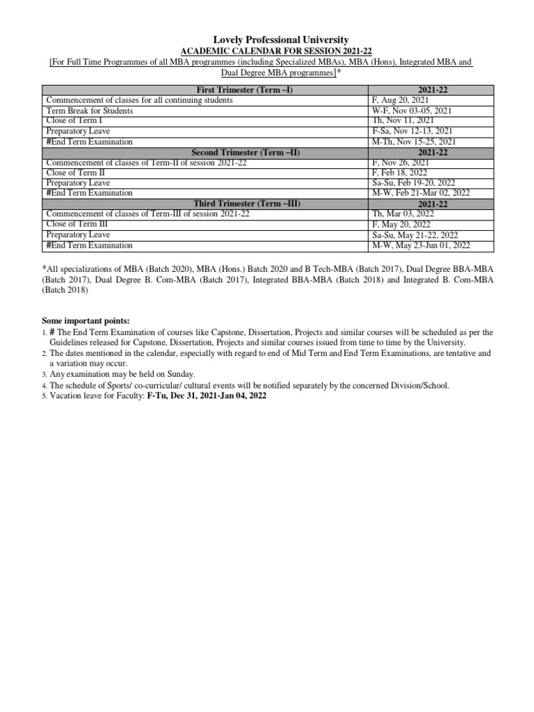 Academic Calendar For MBA Trimester System | PDF | Academic Term ...