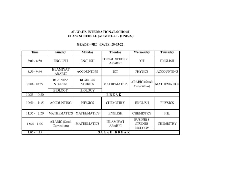 Grade 9B2 Schedule | PDF