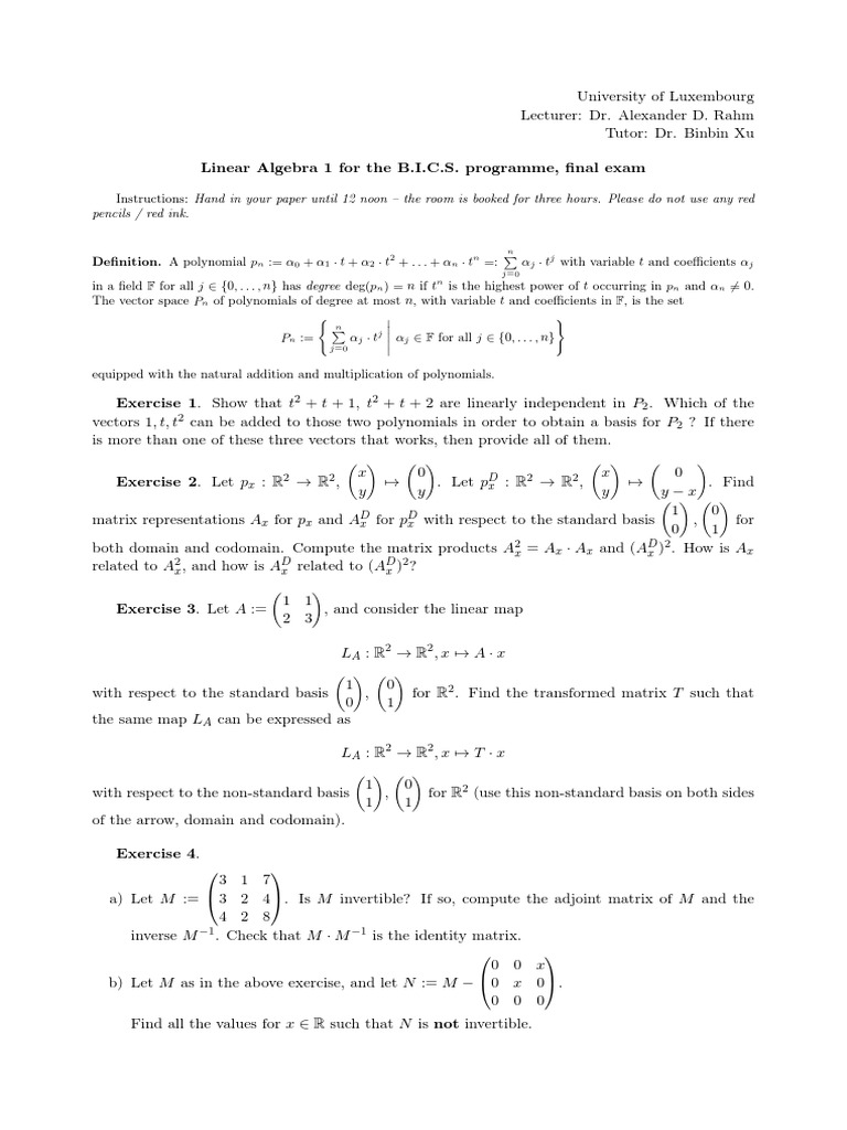 Exam Exercises | PDF | Matrix (Mathematics) | Basis (Linear Algebra)