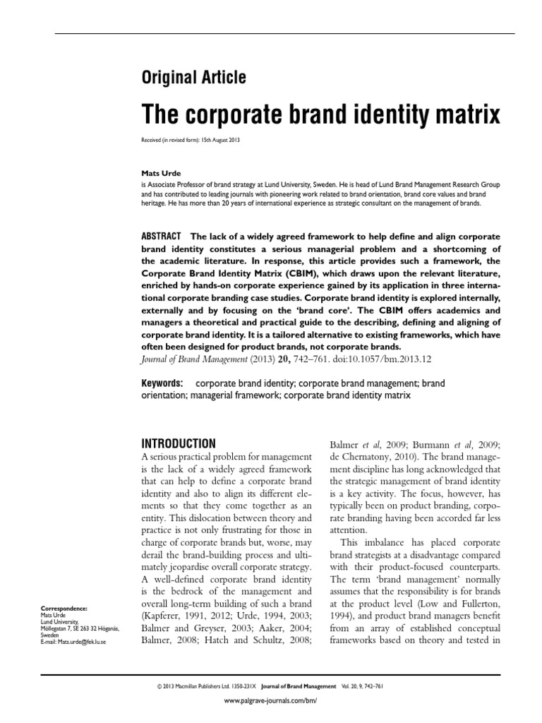Urde 2013 The Corporate Brand Identity Matrix | PDF | Brand | Theory