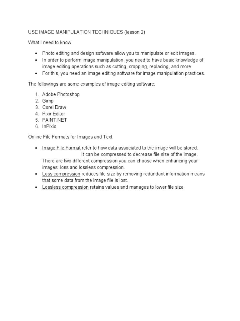 USE IMAGE MANIPULATION TECHNIQUES Lesson 2 | PDF | Data Compression | Image Editing
