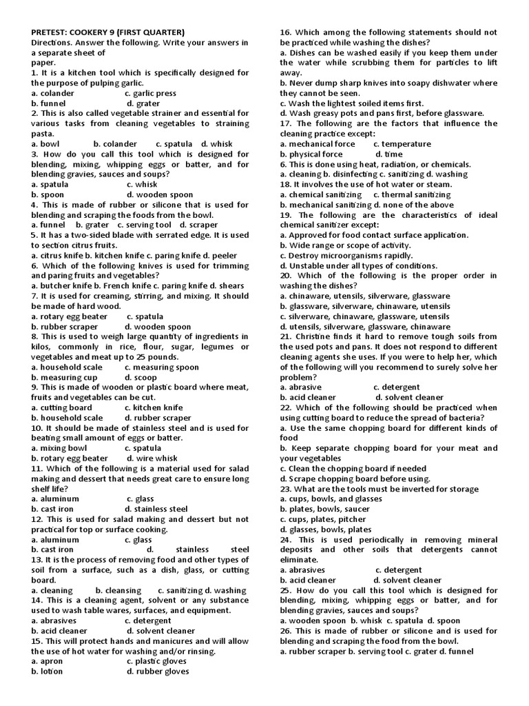 Kitchen Tools and Food Safety: A Comprehensive Cookery Exam | PDF ...