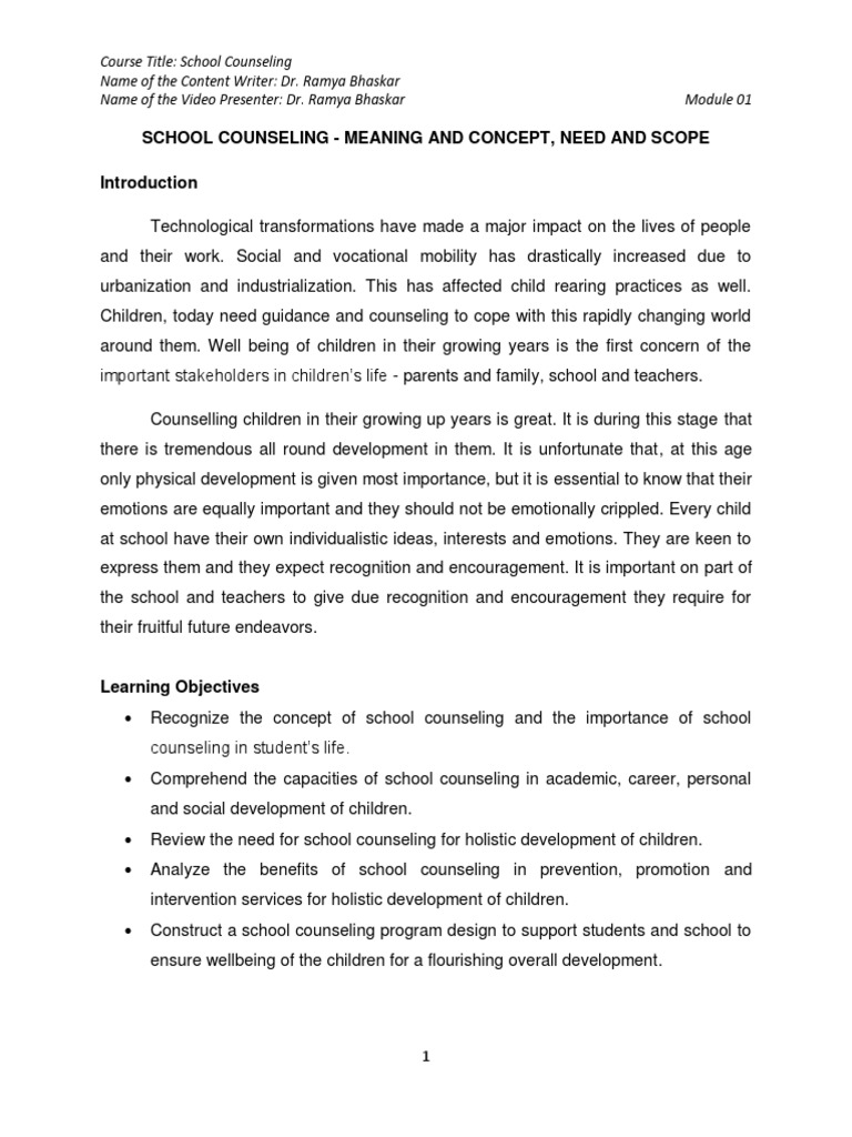 School Counseling - Meaning, Concept, Need & Scope - e Text | PDF ...