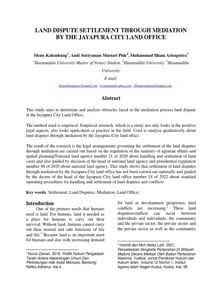 Land Dispute Settlement Through Mediation by The Jayapura City Land ...