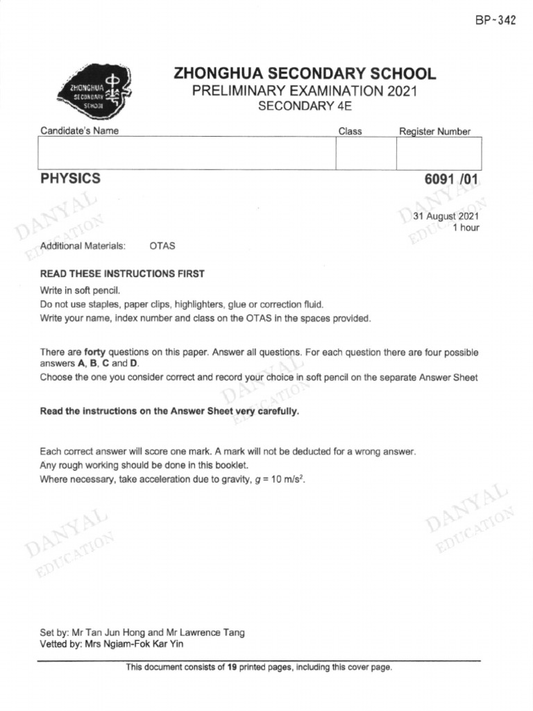 Zhonghua Secondary Prelim 2021 Physics | PDF | Gases | Force
