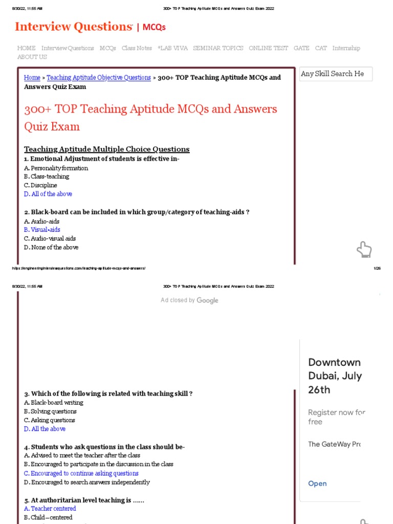 300+ TOP Teaching Aptitude MCQs and Answers Quiz Exam 2022 | PDF | Multiple Choice | Teachers