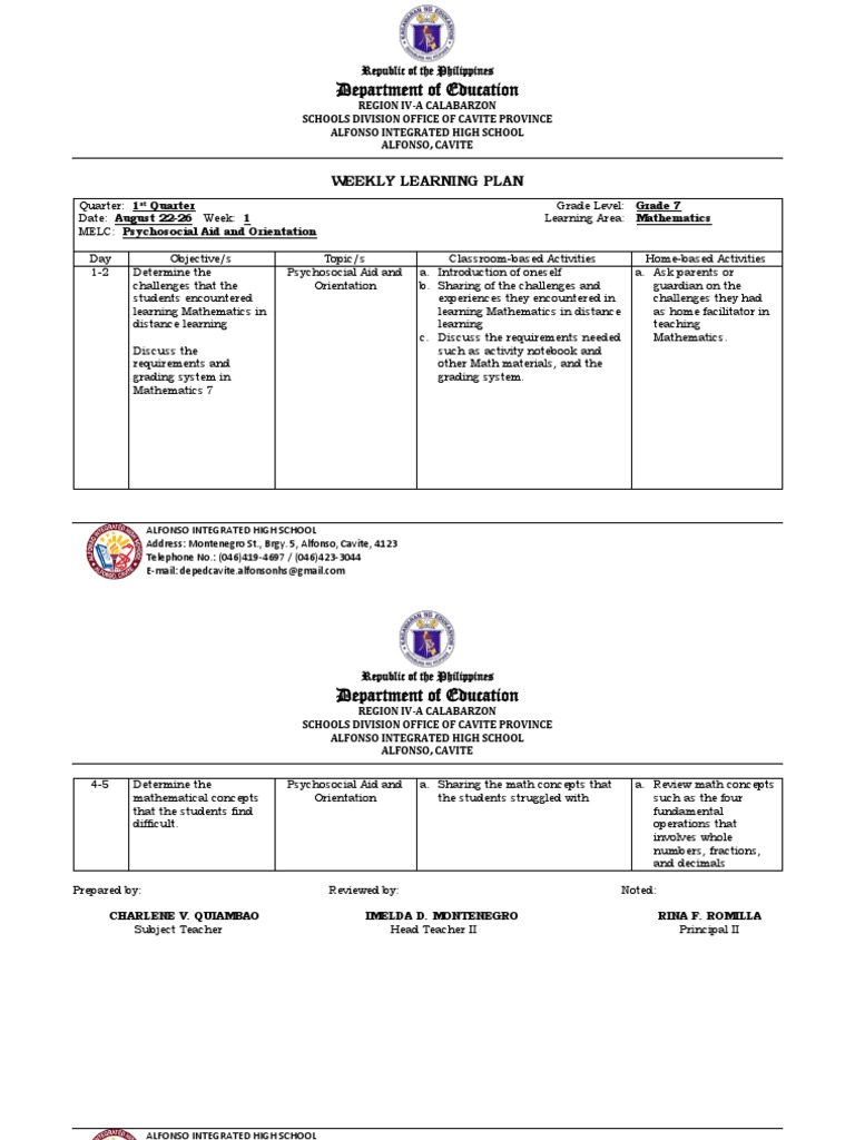 G7-WLP-Q1-Week 1-August 22-26 | PDF | Mathematics | Science G7-WLP-Q1-Week 1-August 22-26 | PDF | Mathematics | Science