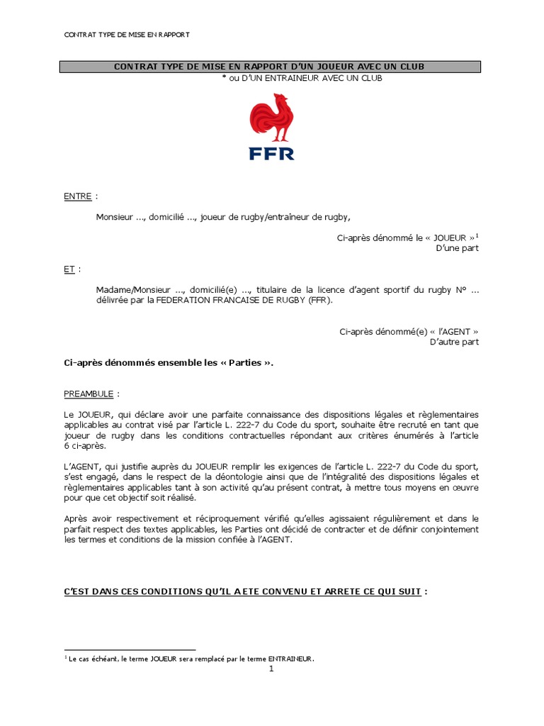 Contrat de Mise en Rapport AGENT JOUEUR | PDF | Arbitrage | Facture