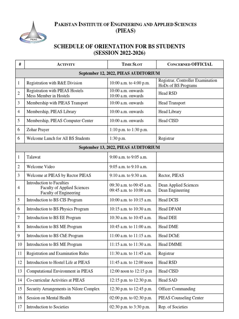 Orientation Schedule Bs 202226 | PDF