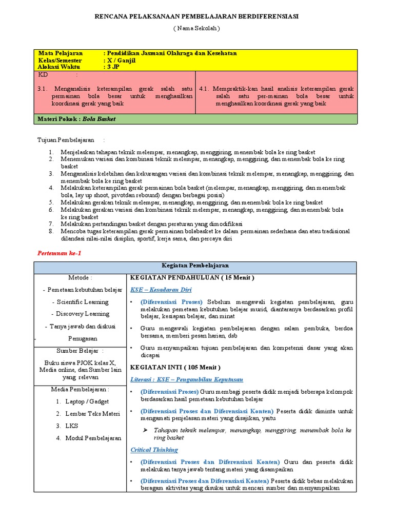 RPP Diferensiasi Pjok Kelas 10 Sma 2022 | PDF