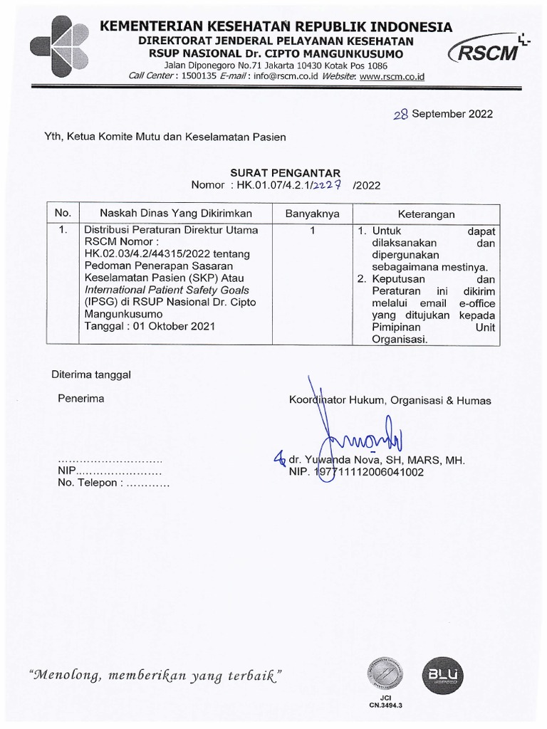Distribusi Perdir Tentang Pedoman Penerapan Sasaran Keselamatan Pasien ...