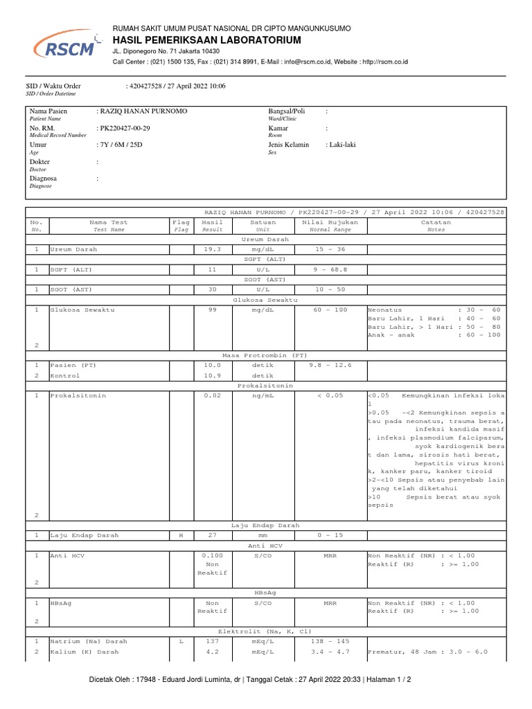 Laboratory Test Result MRN PK220427-00-29 Raziq Hanan Purnomo | PDF